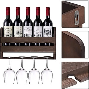 Wall Mounted Wine Rack Storage Shelf | Holds Up to 5 Bottles and 4 Glasses | Easy Mount Hanging Glass and Bottle Holder Organizer Wooden Shelves Modern Display for Home and Kitchen - Rustic Brown
