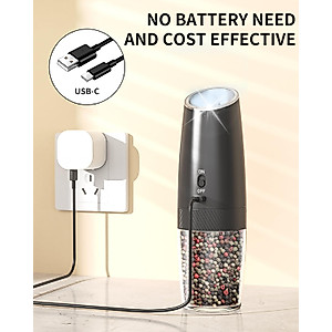 CIRCLE JOY Gravity Electric Salt and Pepper Grinder Set Rechargeable Salt and Pepper Grinder Set with LED Light, No Battery Needed, Adjustable Coarseness, Washable 135ml Container, Black