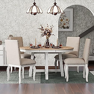 Merax 5 Piece Round Dining Table Set, Solid Wood Extendable Dining Table and 4 Upholstered Dining Chairs for Kitchen Dining Room (Oak Natural Wood + Antique White)