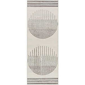 BoutiqueRugs Chet White and Gray Modern Abstract Geometric Area Rug - Minimalist Contemporary Striped Carpet for Living Room, Bedroom, Dining Room - Charcoal, Light Gray, Cream - 6'7" Round Rug