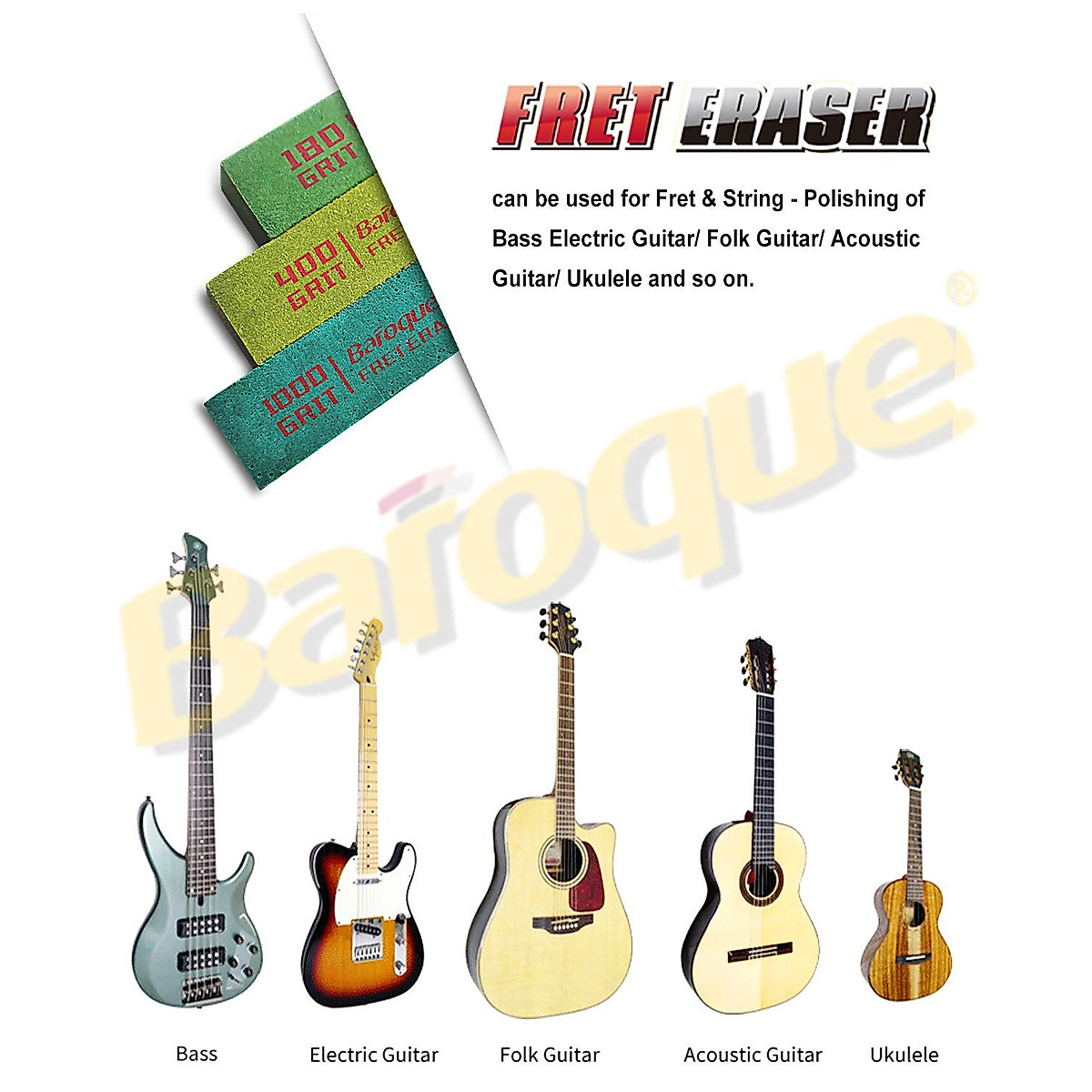 Baroque Fret Erasers for Guitar, Fret Polishing Cleaner, Frets Polish Tools Kit, Clean Fret Wire/String/Metal, Set of 3 (180& 400& 1000 Grit)