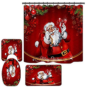 4pcs Merry Christmas Shower Curtain Sets,Waterproof Bath Curtain with 12 Hooks,Base Mat,Toilet Mat,Floor Mat,Holiday Bathroom Decoration Set (A16)