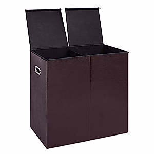 Internet's Best Double Faux Leather Laundry Hamper with Lid - Double Load - Foldable Hamper Basket - Removable Lid - Brown