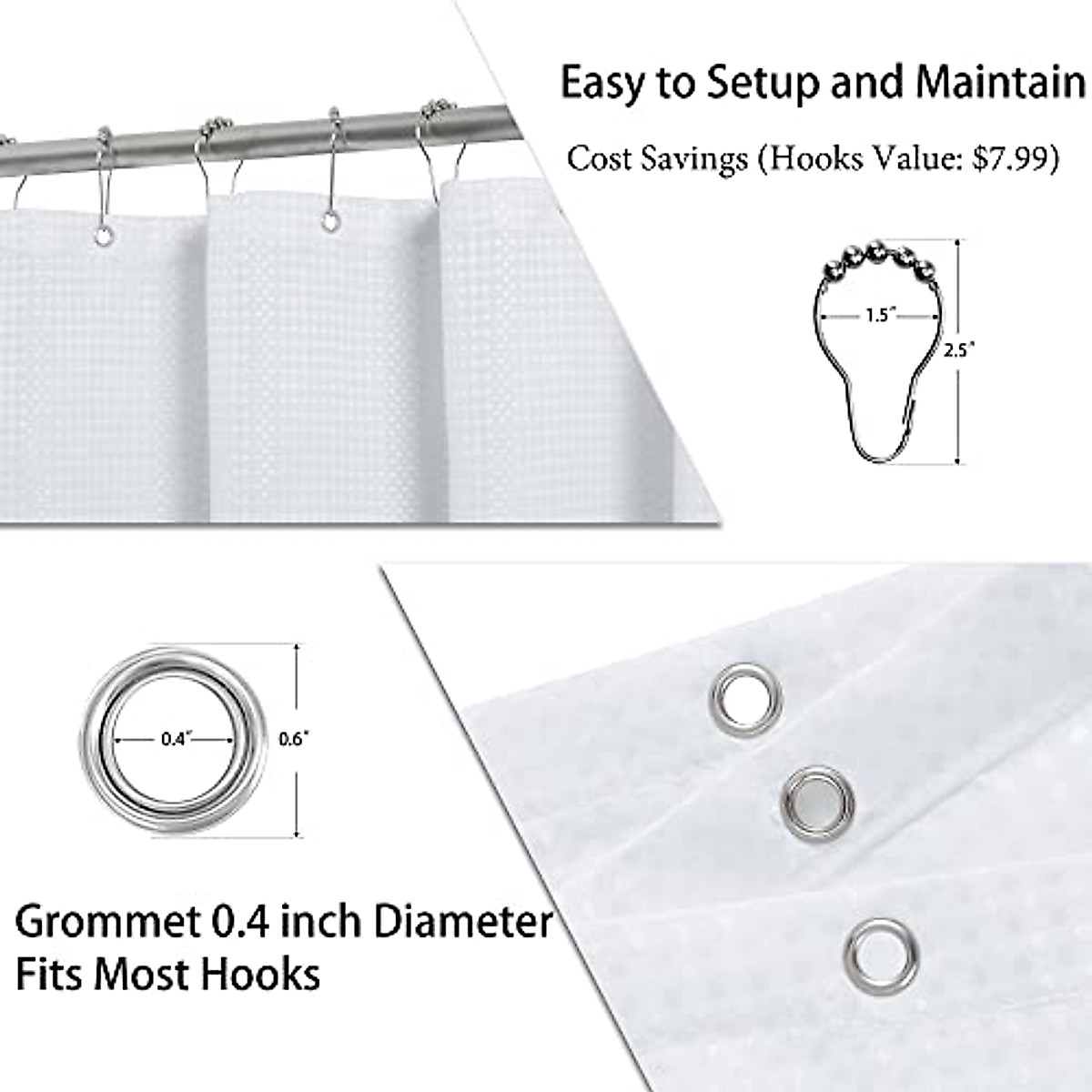 Black Shower Curtain, Polyester Ombre Bath Shower Curtains for Bathroom, Textured Fabric Waterproof Shower Curtain Liner with 12 Hooks,Machine Washable（72 x 72 inch,Black）