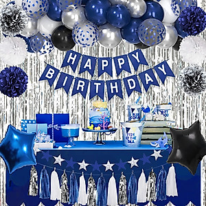 Blue Birthday Decorations for Men Boys, Blue Silver Party Decorations Fringe Curtains Happy Birthday Banner Hanging Cutouts Tassels Graduation Party Decors 13th 16th 18th 21st 30th 40th 50th 60th Him