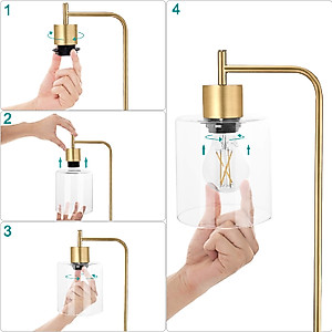 Gold Industrial Table Lamp with 2 USB Ports, Elizabeth Vintage Desk Lamp, 3-Way Dimmable Bedside Reading Lamp with Glass Shade for Bedroom Living Room Office, LED Nightstand Lamp with Edison E26 Bulb