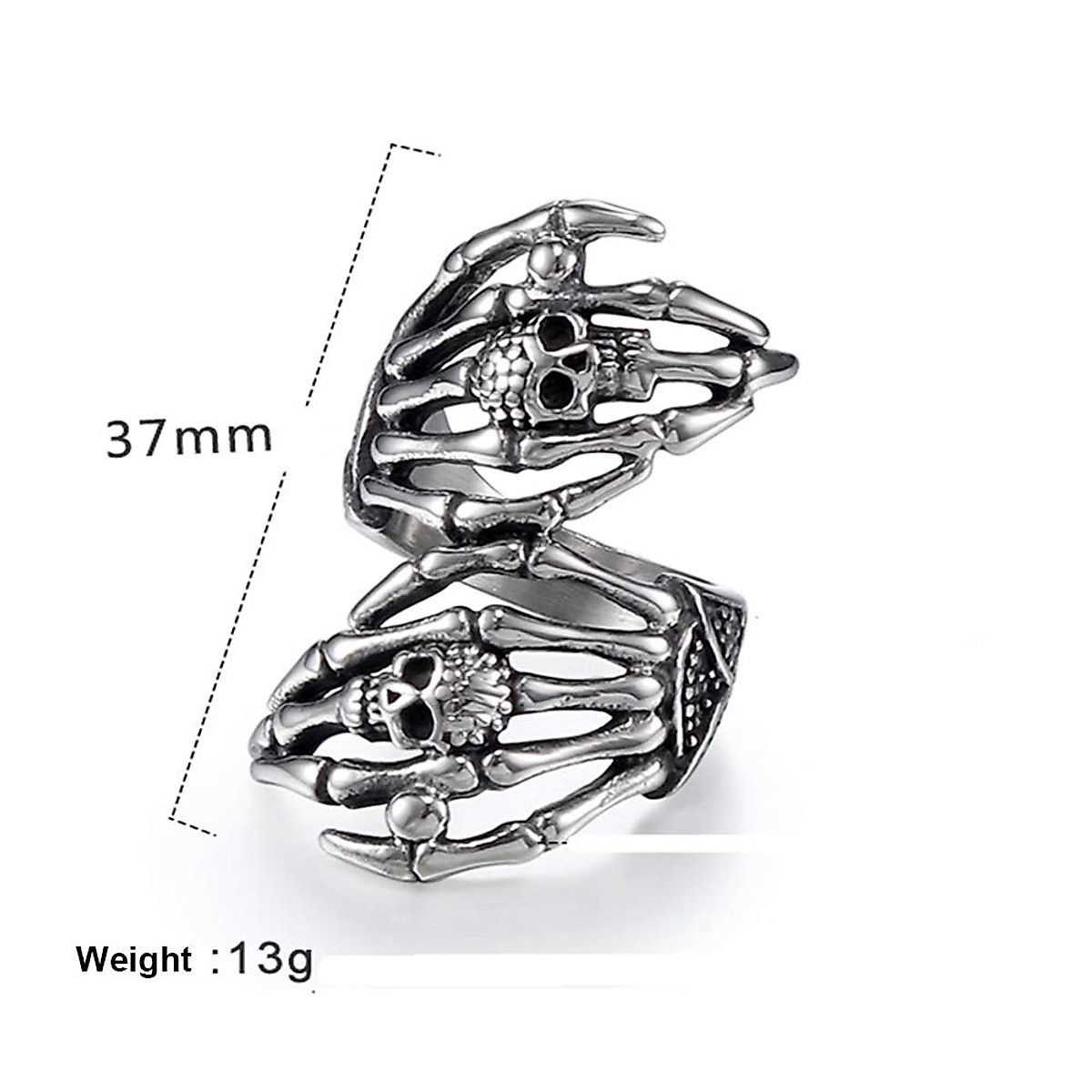 HIJONES Unisex Stainless Steel Gothic Punk Double Skull Skeleton Claws Ring Silver Size 8