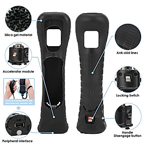 Wii Motion Plus Sensor Adapter with Silicon Case Cover and Wrist Strap, Wii Nunchuk Remote Controller Attachment for Nintendo Wii and Wii U Black