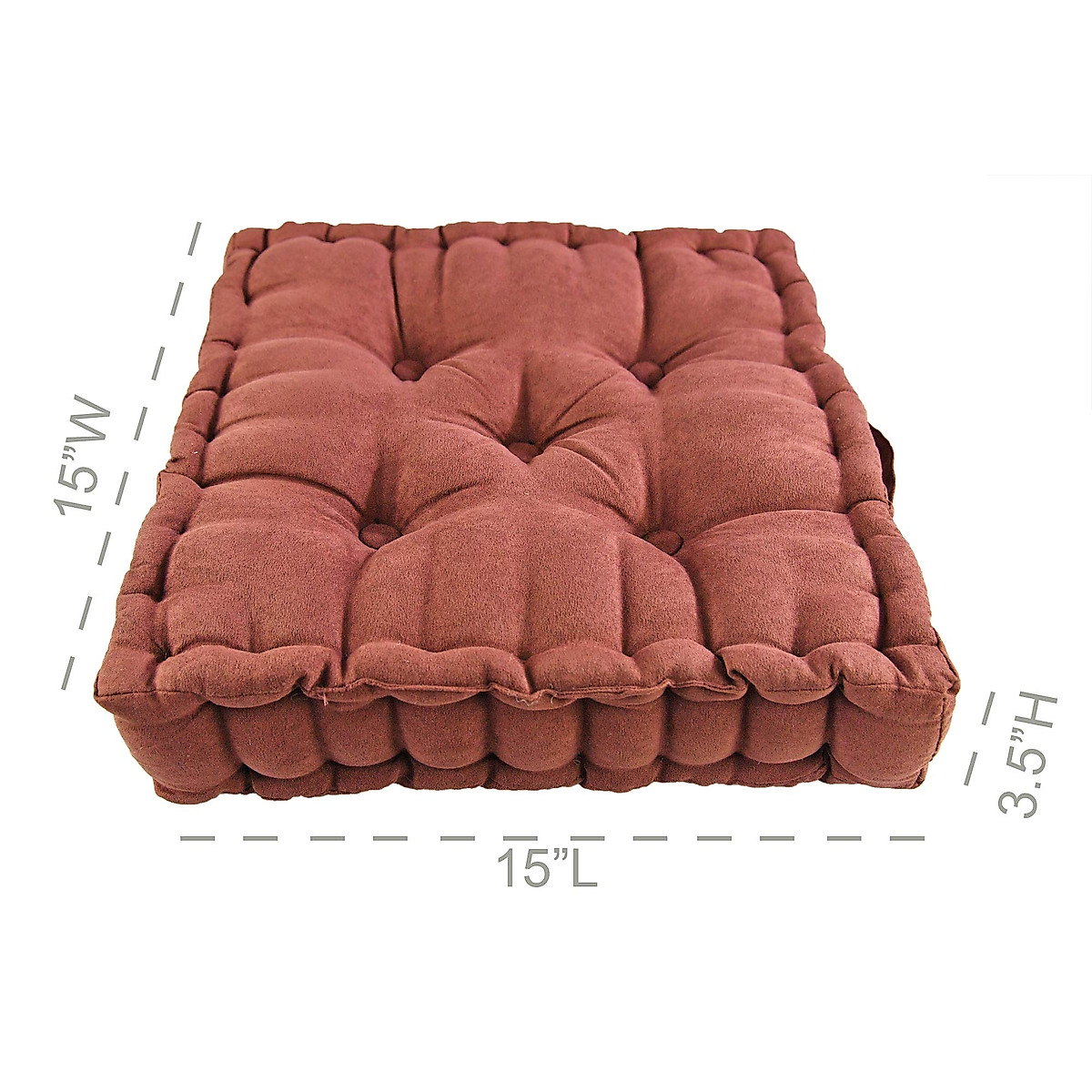 Home-X Tufted Booster Cushion, Thick Square Seat Pad with Carrying Handle – Brown 15” L x 15” W x 3 ½” H