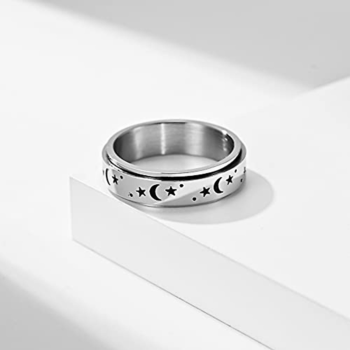 WLPCIV Stainless Steel Spinner Ring for Women Men Fidget Bands Anxiety Rings Relieving Stress Moon Star Engagement Wedding Promise Band Rings, Silver Size 6