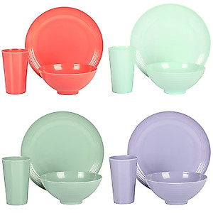 Gibson Home Zelly 12 Piece Embossed Coupe Melamine Dinnerware Set - Orange, Green, Teal, Purple, Service for Four (12pcs)