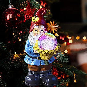 Vcdsoy Solar Garden Gnome Statue Outdoor Decor -Solar LED Lights Ornament Decorations Resin Gnomes Ornaments Carry Growing Orb on Sunflower Colorful Lights Waterproof Gifts for Outside Patio Yard Lawn