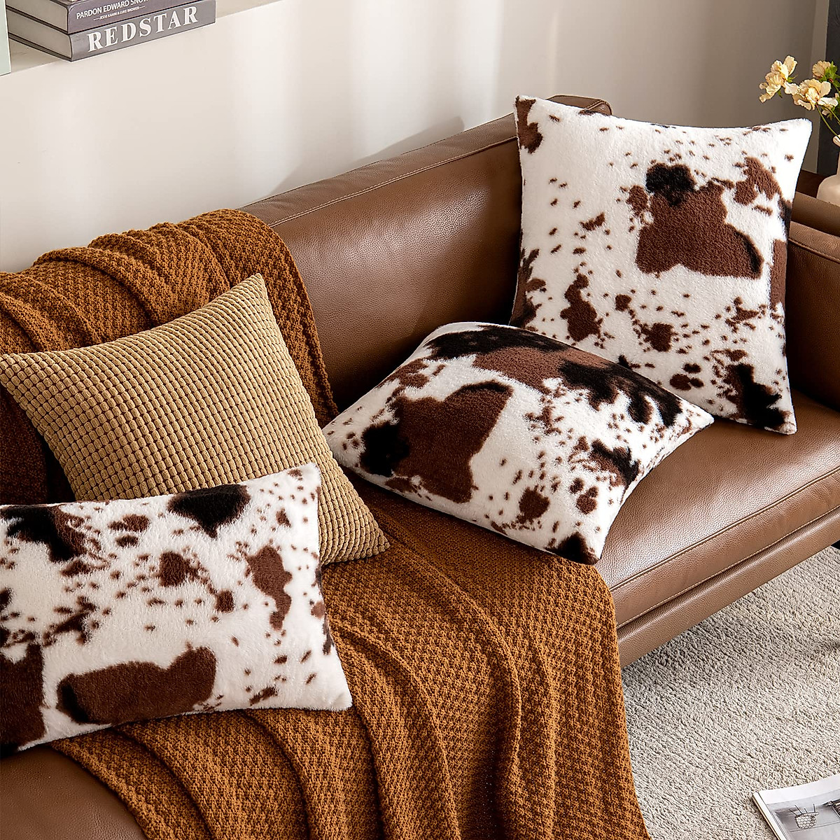 Woaboy Pack of 2 Luxury Faux Fur Throw Pillow Covers Cowhide Decorative Soft Fluffy Plush Couch Throws Brindle Cushion Covers for Couch Living Room Sofa Bedroom 18x18 Inch