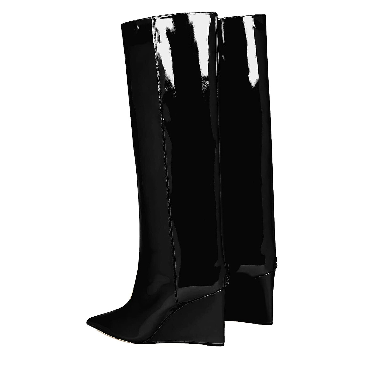 THESHY Women‘s Pointed Toe Knee High Boot Wedge Metallic High Heel Thigh High Boot Patent Leather Pull on Shoes