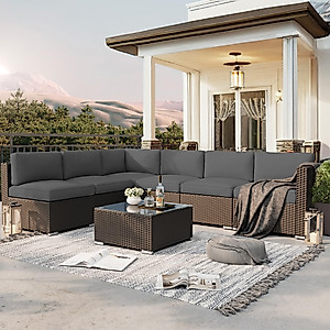 SUNCROWN 7-Piece Outdoor Patio Furniture Sofa Set All-Weather Wicker Sectional Conversation Set with Modern Glass Coffee Table and Cushions,Dark Grey