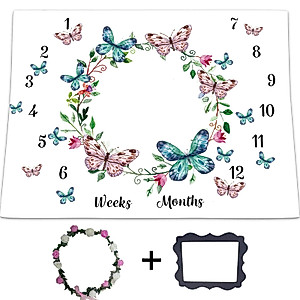LUCKBTY Monthly Baby Milestone Blanket | Butterfly Photography Blanket with Floral Wreath & Frame Newborn Nursery Swaddle Toddler Blanket 48"x40" BTZDLU139