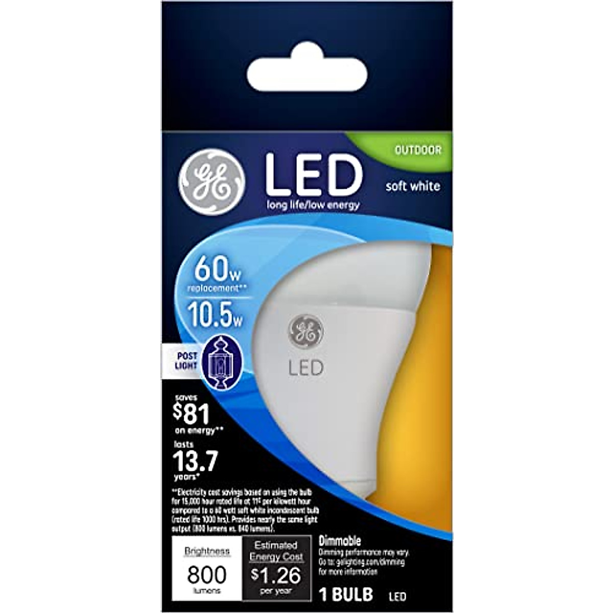 GE Lighting LED Outdoor Light Bulb, 10.5 Watt (60 Watt Equivalent) Soft White, Medium Base, Dimmable (1 Count)