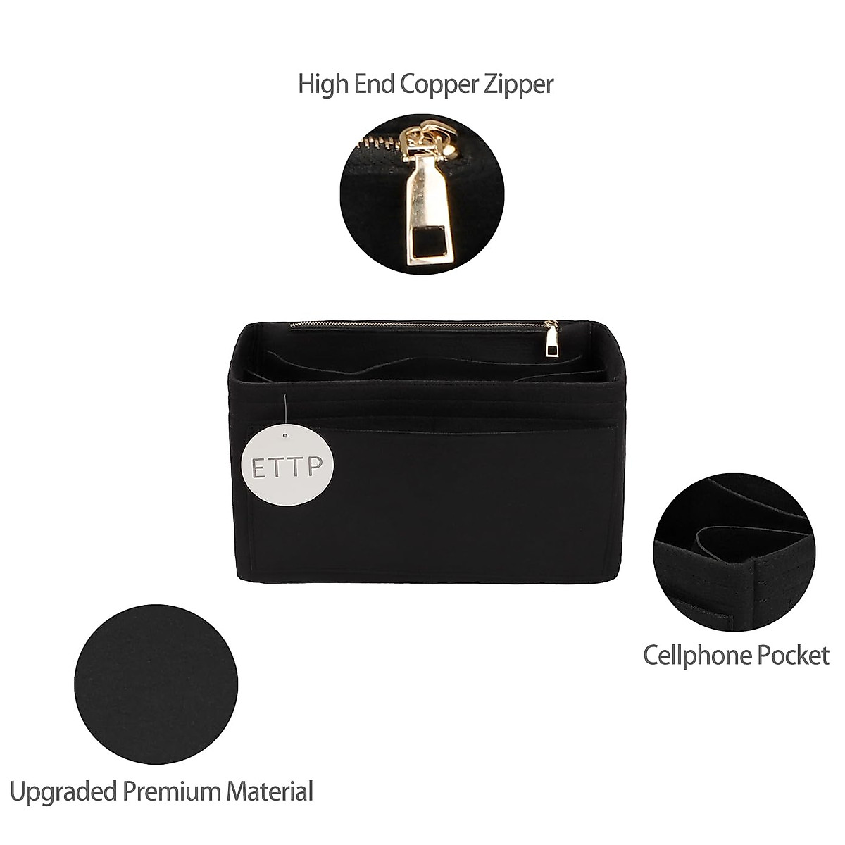 ETTP Purse Organizer Insert For Handbags, Tote Bag Organizer Insert, Compatible with MJ Tote and Onthego (Large, Black)