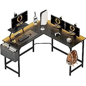 COMHOMA L Shaped Gaming Desk with LED Lights, 51" Gaming Corner Desk with Monitor Stand, Sturdy Home Computer Office Desk with Storage Bag, PC Gaming Table, Gaming Table for Writing Workstation, Black