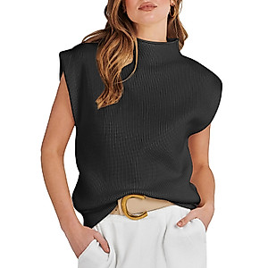 ANRABESS Women's Mock Neck Sleeveless Sweater Vest Casual Cap Sleeve Knit Pullover Tank Tops 2025 Spring Summer Clothes Black-M