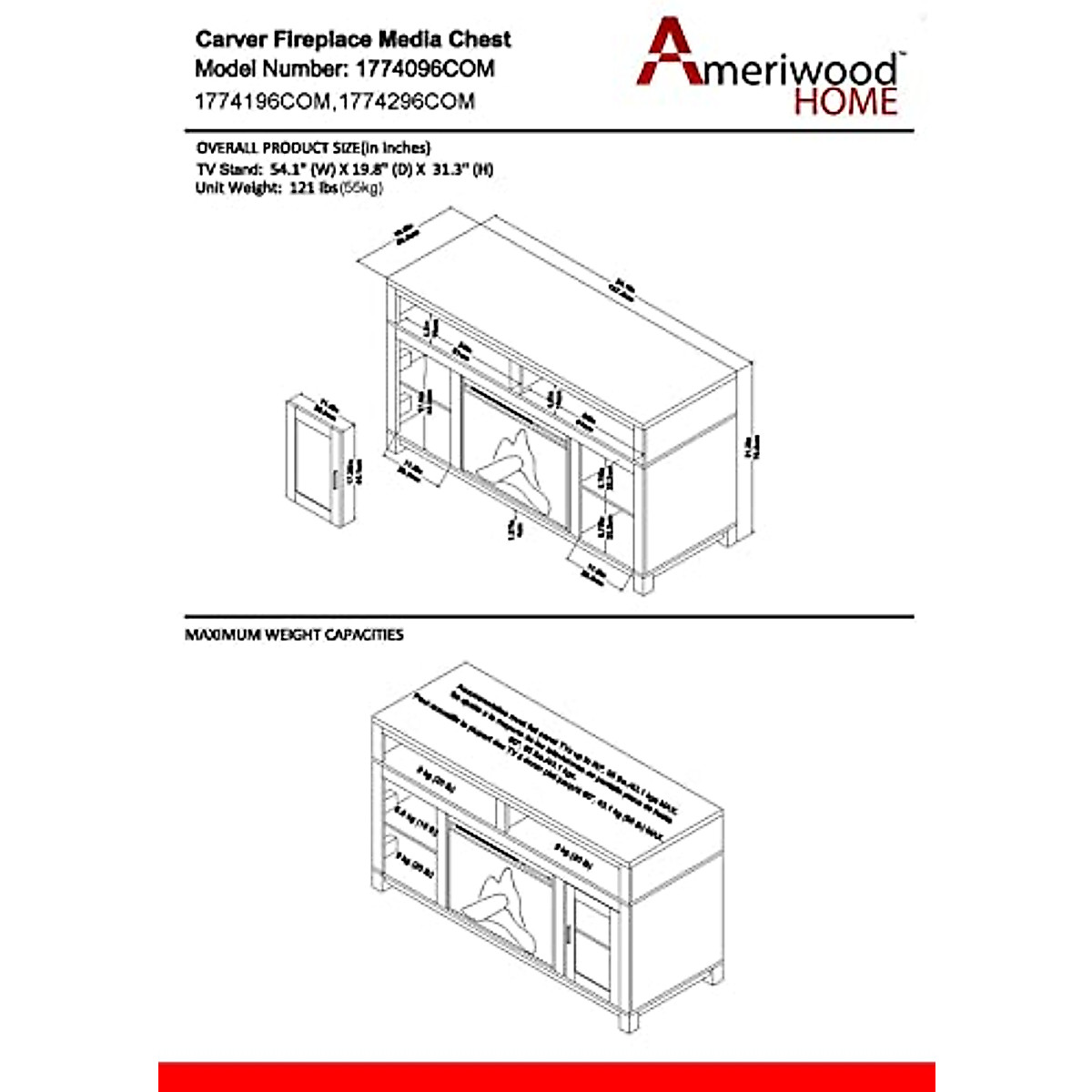 Ameriwood Home Carver Electric Fireplace TV Stand for TVs up to 60" Wide, White