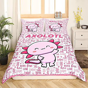Cartoon Axolotl Kids Duvet Cover Set Twin Size,Cute Salamander Ocean Animals Bedding Set,Girls Boys Adults Room Decor,Axolotl Lovers Kawaii Comforter Cover,Pink Romantic Quilt Cover,1 Pillowcase