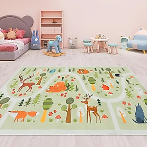 Kids Area Rug Jungle Animal Road Play Mat, with Bears Deer Fox Trees Educational Learning Game Non Slip Carpet, for Bedrooms Playroom Living Room Classroom, 3x5