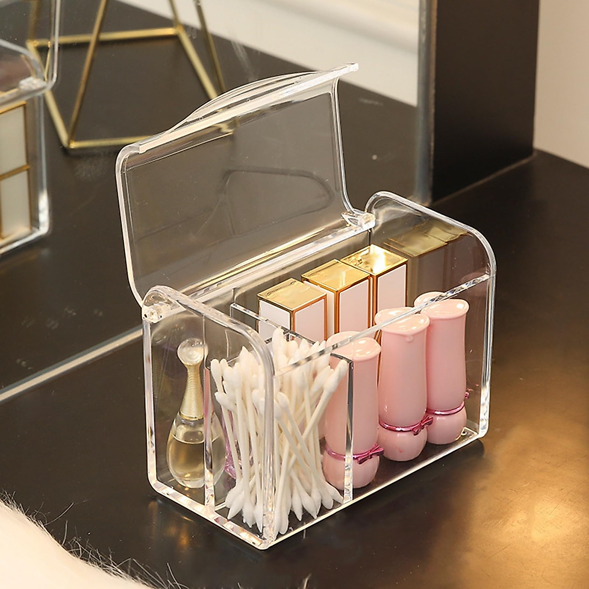 ulafbwur Cotton Swab Organizer Transparent Swab Box 3-grid Acrylic Cotton Swab Holder with Lid Neat Dustproof Storage Solution for Q-tips Jewelry Transparent
