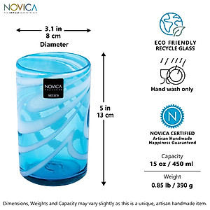 NOVICA Blue And White Swirl Hand Blown Glass Water Glasses, 15 Oz, 'Whirling Aquamarine' (Set Of 6)