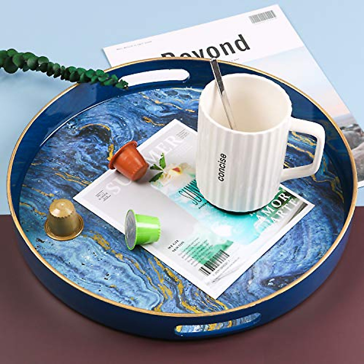 Zosenley Round Decorative Tray, Marbling Plastic Tray with Handles, Modern Vanity Tray and Serving Tray for Ottoman, Coffee Table, Kitchen and Bathroom, Size 13”, Blue