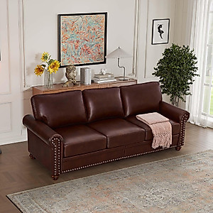 JEEOHEY Faux Leather Sofa Couch,82" Mid Century Modern Couch with Storage Place,Oversized 3 Seater Sofa with Nailhead Trim&Rolled Arm,Deep Seat Comfy Couch for Living Room,Apartment,Office(Burgundy)