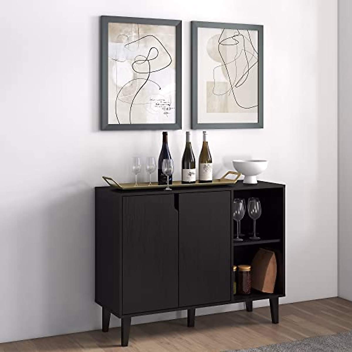 Panana Accent Sideboard Buffet Serving Cabinet with 2 Doors and Shelves Storage Cabinet White Coffee Bar Cabinet for Kitchen Dinning Room Living Room (41.81 inch, Black)