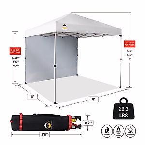CROWN SHADES Canopy Tent 8x8 Pop Up Canopy Outdoor Shade with One Sidewall, Easy Up Sun Shelter with One Person Set Up Center Lock, Portable Instant Camping Beach Canopy Tents, White