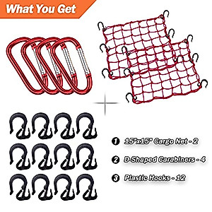 Thewinio Cargo Net 15"x15" Stretches to 30"x30" with Thicken Hooks | Natural Latex Core, Tight 2”x2” Mesh Small Heavy Duty Bungee Net for Motorcycle Helmet, Bike, ATV, UTV, Luggage (Red, 2 Pack)