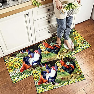 DOZARMOTA Rooster Kitchen Rug 2 Piece Set, Farmhouse Chicken Kitchen Rugs and Mats Non Skid Washable for Floor Anti Fatigue Sunflower Decor Kitchen Mat 17"x47"+17"x30"