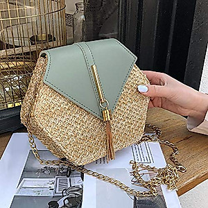 Straw Handbag Crossbody Bag Hexagon Straw+Leather Woven Beach Shoulder Bag