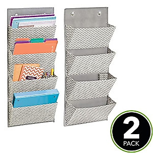 mDesign Soft Fabric Wall Mount/Over Door Hanging Storage Organizer - 4 Large Cascading Pockets - Holds Office Supplies, Planners, File Folders, Notebooks - Chevron Zig-Zag, 2 Pack - Taupe/Natural