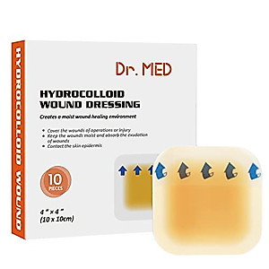 Dr. Med Hydrocolloid Wound Dressing 4"x4"-10 Pack/Box, Waterproof Adhesive Bordered Bandage, for Light Exudate, Abrasions, Pressure Ulcer, Bed Sore, Superficial Wound Care