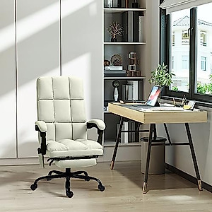 Vinsetto Massage Office Chair with 4 Vibration Points, Reclining Computer Chair with USB Port and Footrest, Cream White
