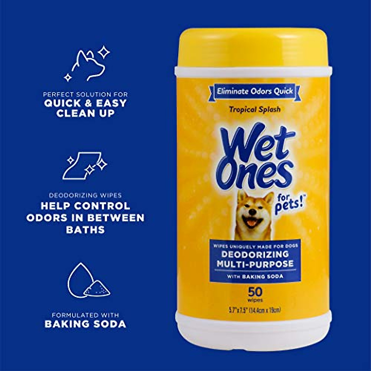 Wet Ones for Pets Deodorizing Multi-Purpose Dog Wipes With Baking Soda | Dog Deodorizing Wipes For All Dogs in Tropical Splash Scent, Wet Ones Wipes for Deodorizing Dogs | 50 Ct Cannister Dog Wipes
