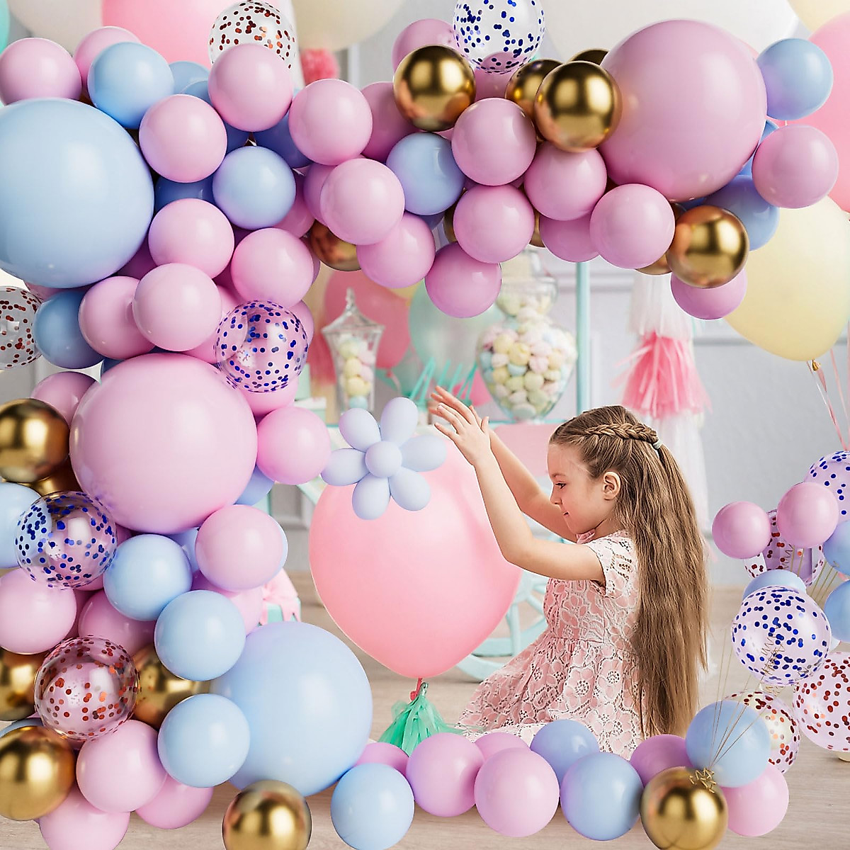 Pink Blue and Gold Balloon Garland Arch Kit, Pink Blue and Gold Latex Balloons, Pink and Blue Confetti Balloons for Wedding Birthday Festival Graduation Party Decorations