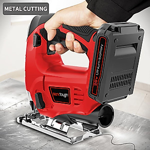 Powertough Cordless Jig Saw,20V Electric Jigsaw Tool Kit with Variable Speed,Pendulum Function, 0-45°Adjustable Cutting Bevel,2.0A Li-ion Battery With 1 Hour Fast Charger,9pcs Free Blade