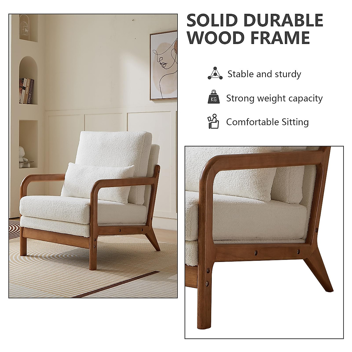 Hommoo Mid Century Modern Accent Chair Teddy Sherpa Upholstered Armchair Cream Accent Chair for Living Room Bedroom Comfortable Leisure Chair with Wood Frame White