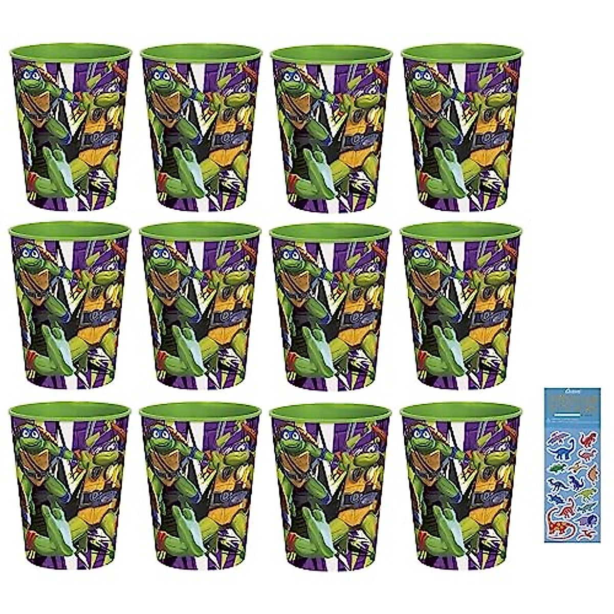 Unique TMNT Teenage Mutant Ninja Turtles Birthday Party Supplies Favor Bundle includes Plastic Reusable Favor Cups - 12 Count and 1 Dinosaur Sticker Sheet