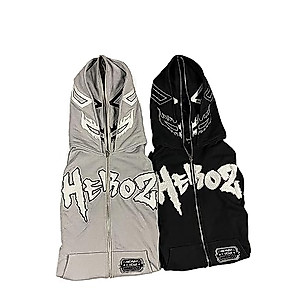 Y2K Grunge Full Zip Up Hoodie for Women Men Letter Star Graphic Print Goth Sweatshirt Retro Aesthetic Unisex Jacket (D-Black4-double hat, XXXL)