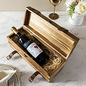 MyGift Vintage Brown Wood Single Wine Bottle Holder Gift Box with Leatherette Buckle Straps and Locking Latch