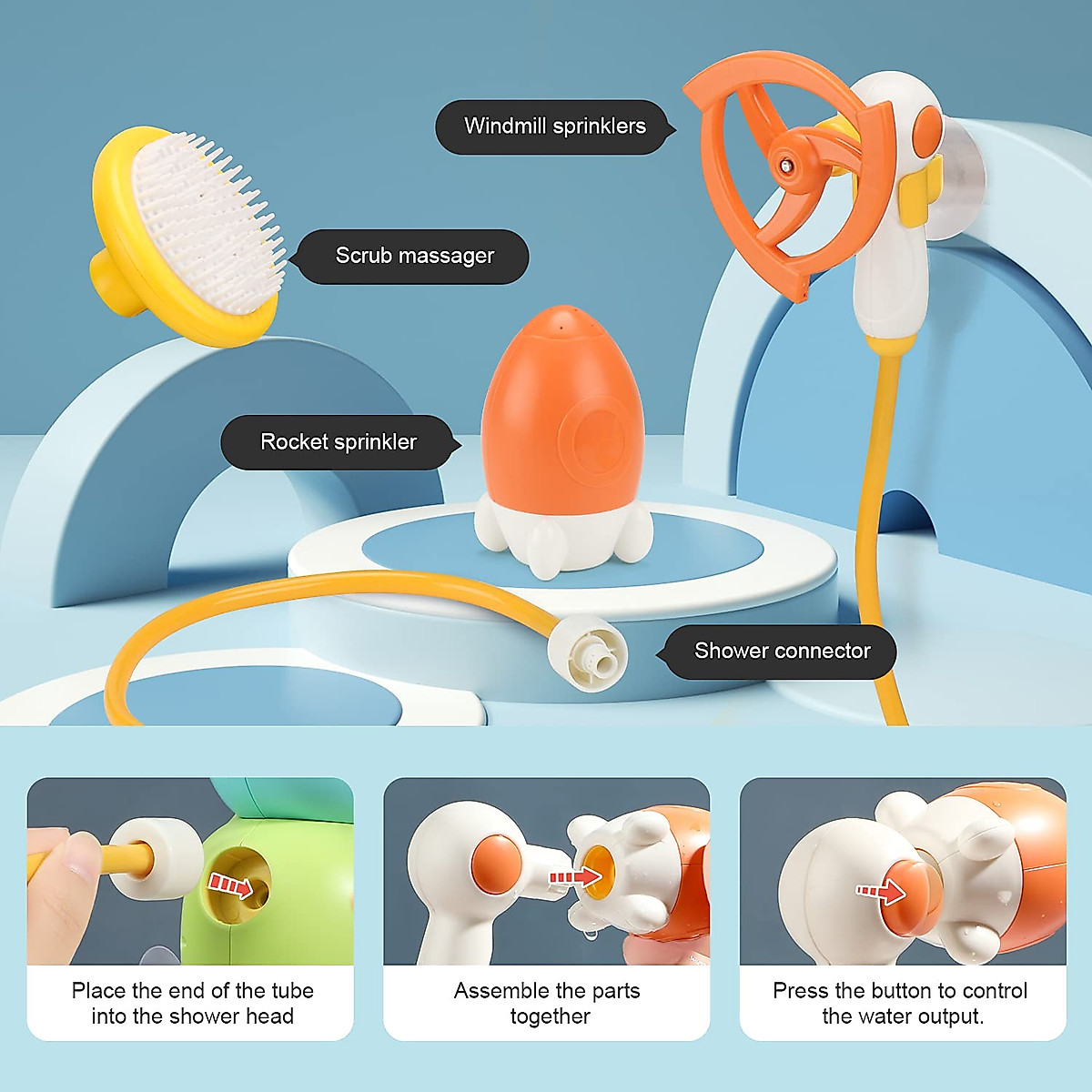 JoyGrow Bath Toys Electric Shower Head with Double 360° Rotatable Sprinkler and 3 PCS Different Spraying Sprinkler Bathtub Water Toy for Baby Kids