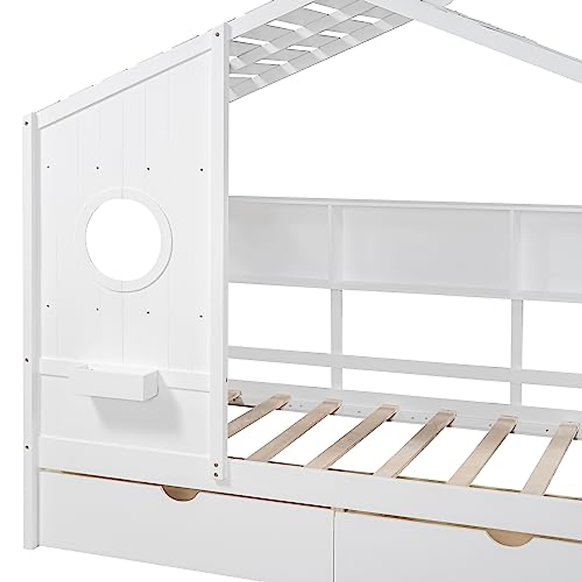 Demofit House Bed with 2 Drawers, Wooden Bed Frame with Storage Shelf and Roof for Bedroom,No Boxspring Required (Twin, White)