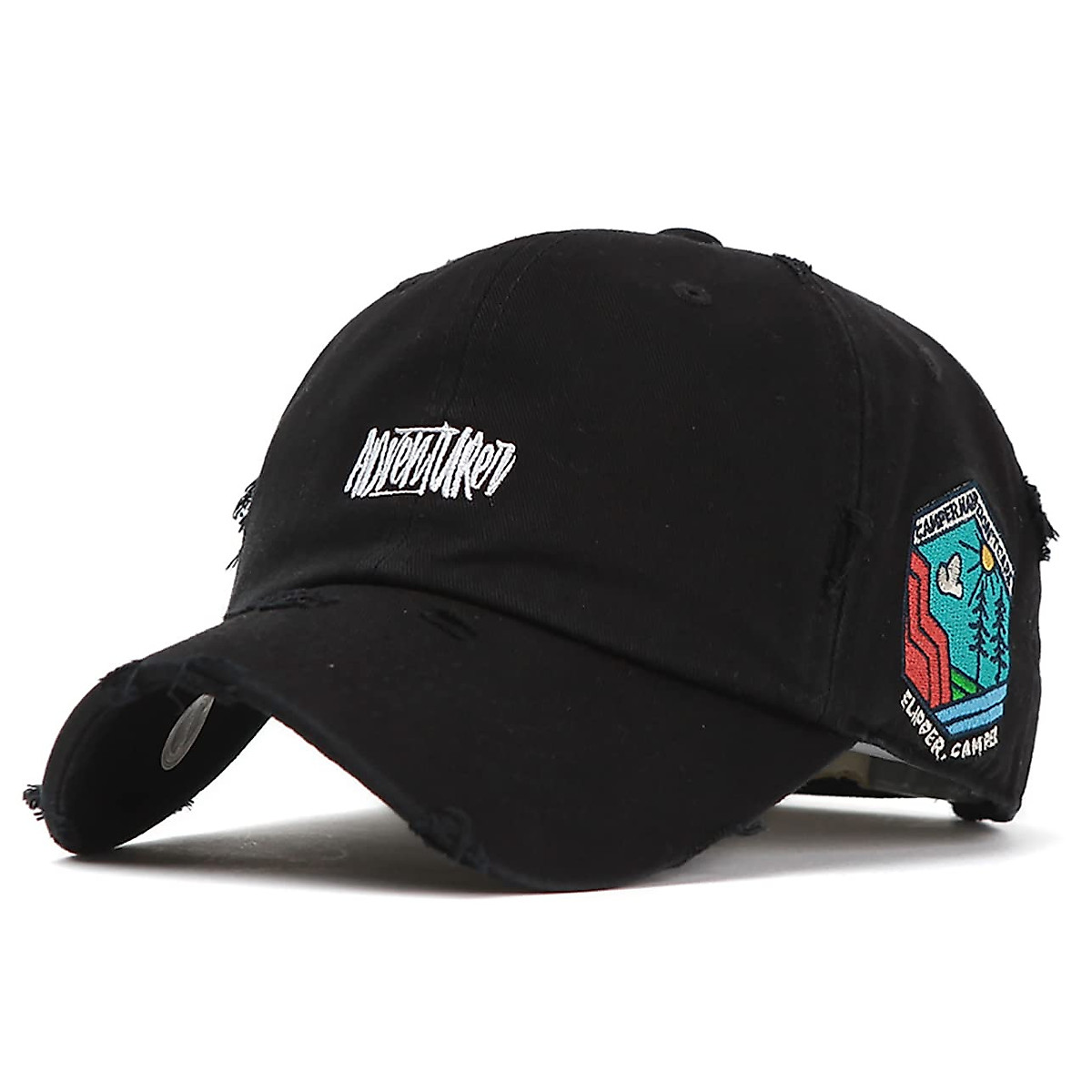 Flipper Adventurer Logo Washed Cotton Vintage Bullet Holes Distressed Baseball Cap Dad Hat Ballcap (Medium ~ Large, Black)