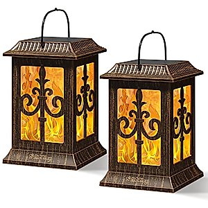 Solar Lantern Outdoor Hanging Lanterns - RGBING Solar Lanterns Outdoor Waterproof with Clips and Ground Stake, Flickering Led Solar Lanterns Garden Lanterns for Outdoor, Patio, Porch (2 Packs)
